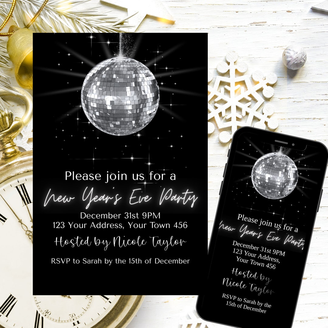 2024 New Year Eve Disco Ball Invite Instant Download, Editable Holiday ...