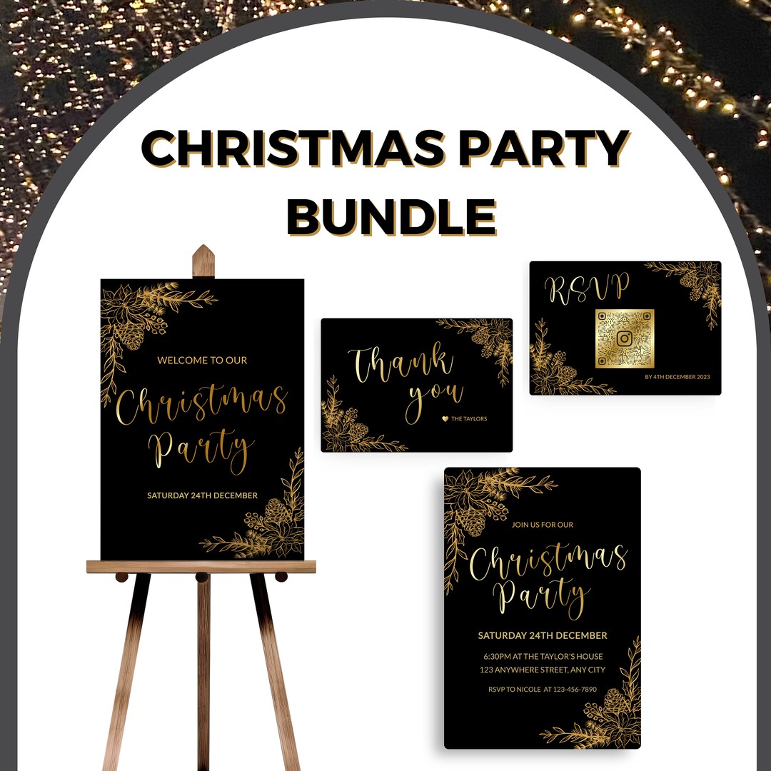 Black Gold Christmas Party Bundle Editable Template, Elegant Gold ...