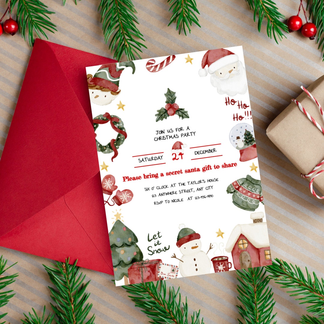 Digital Christmas Party Printable Invitation, Kids Editable Xmas Invite ...
