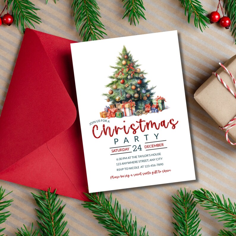 Digital Christmas Party Printable Invitation, Editable Xmas Tree Invite ...