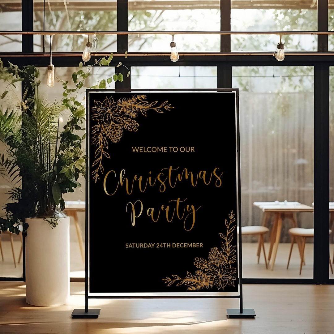 Black Gold Christmas Party Welcome Sign Editable Template, Elegant Gold ...