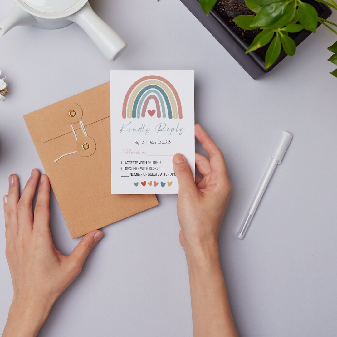 Editable ANY AGE Boho Rainbow Birthday RSVP Card Girl Hippie Earthy ...