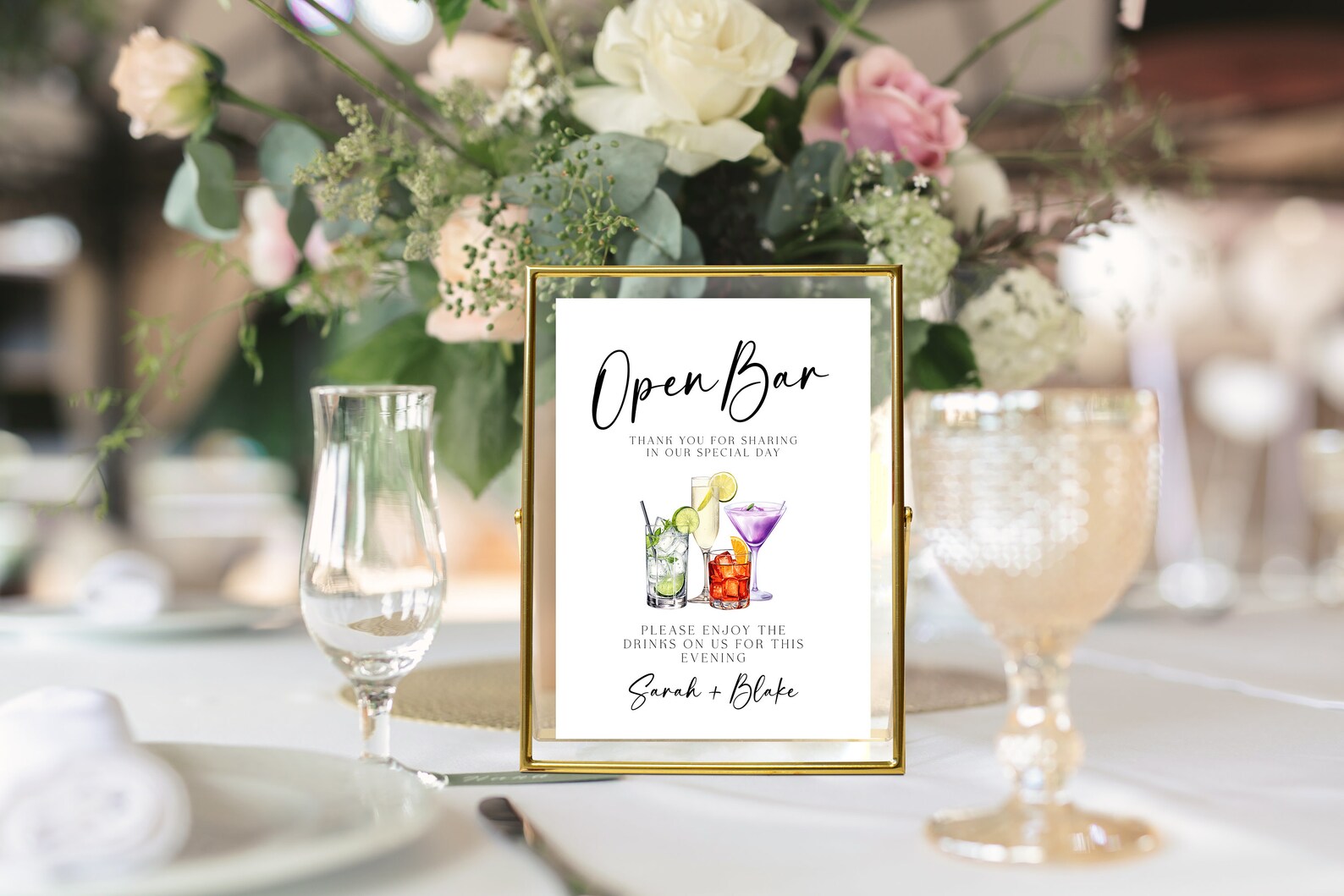 Watercolour Cocktails Open Bar Menu, 8x10 Editable Table Sign, Wedding ...