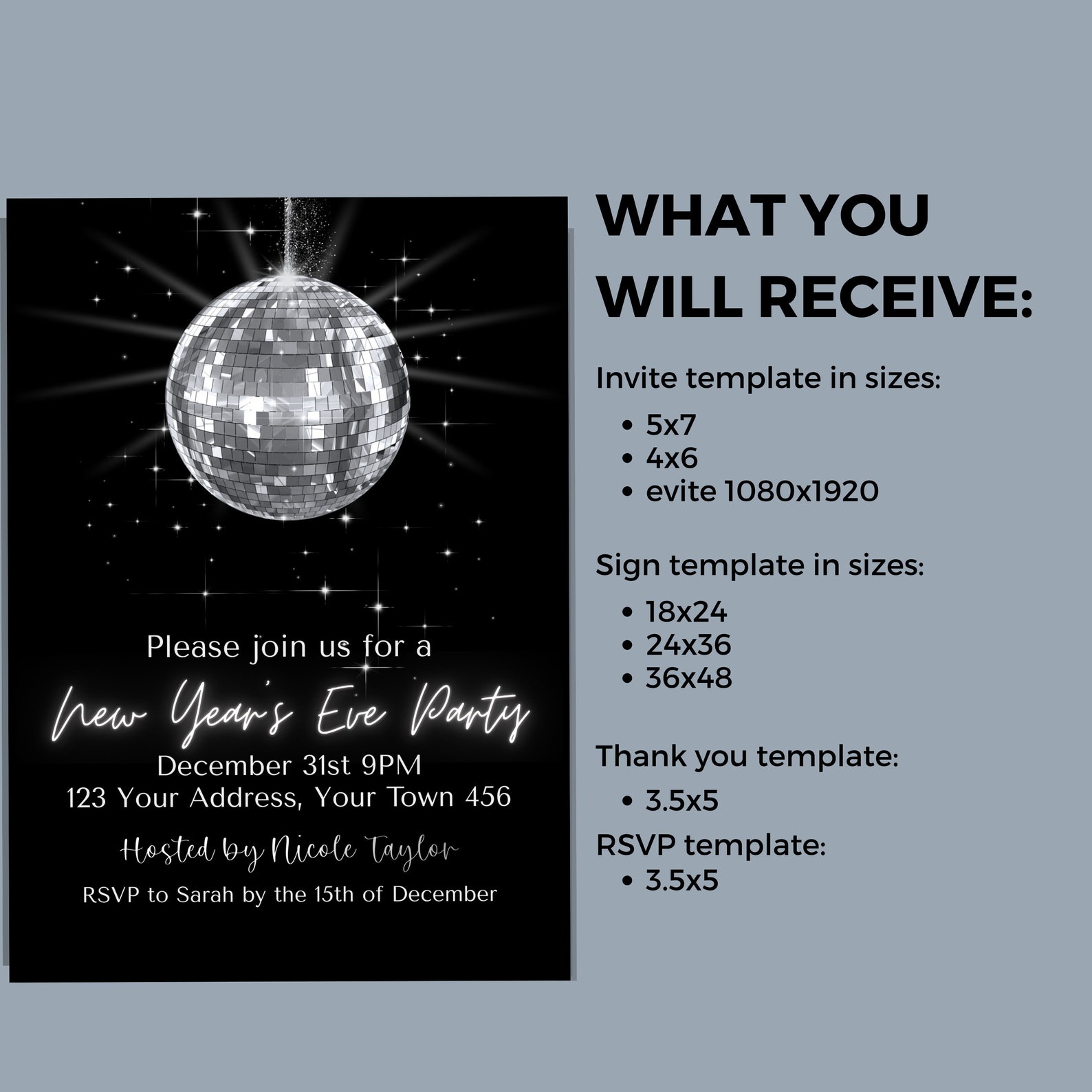 New Years Eve Disco Ball Party Bundle Instant Download, Editable ...