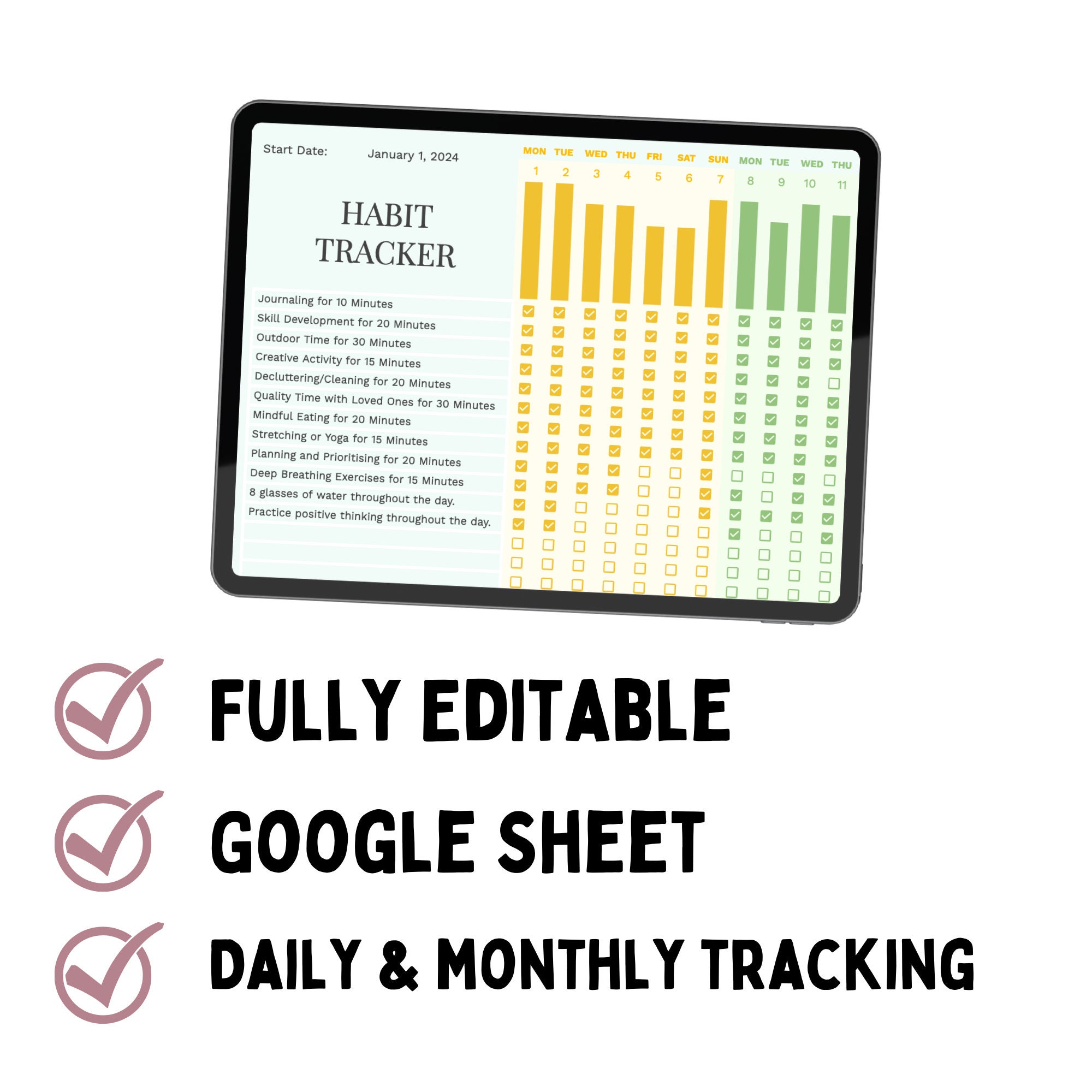 2024 Habit Tracker Spreadsheet Template, Google Sheets Yearly Habit ...