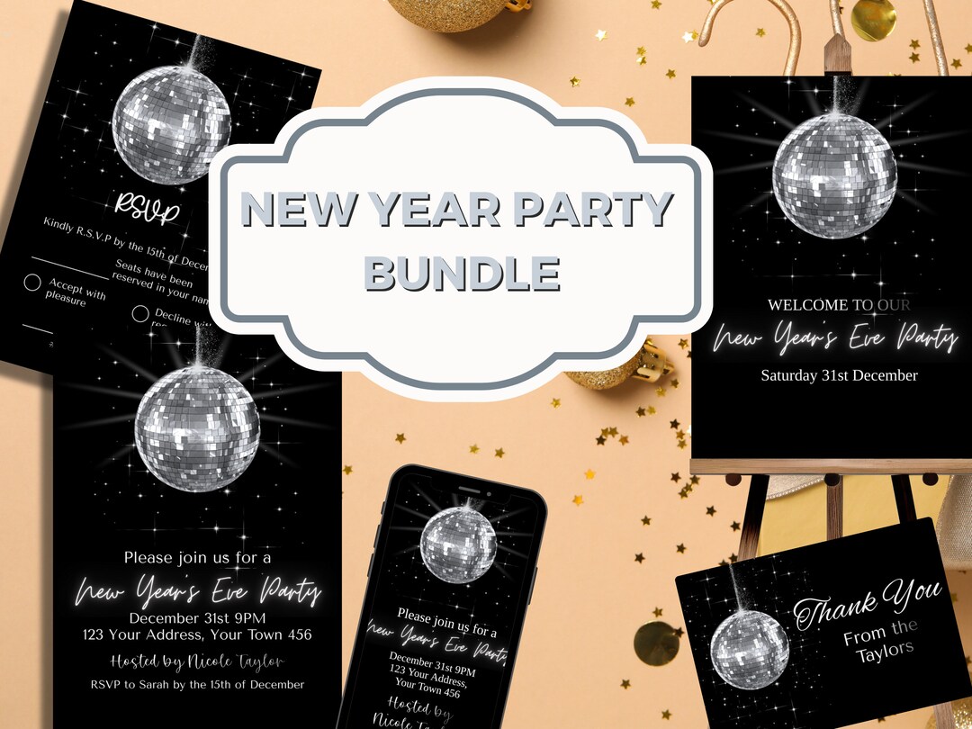 New Years Eve Disco Ball Party Bundle Instant Download, Editable ...