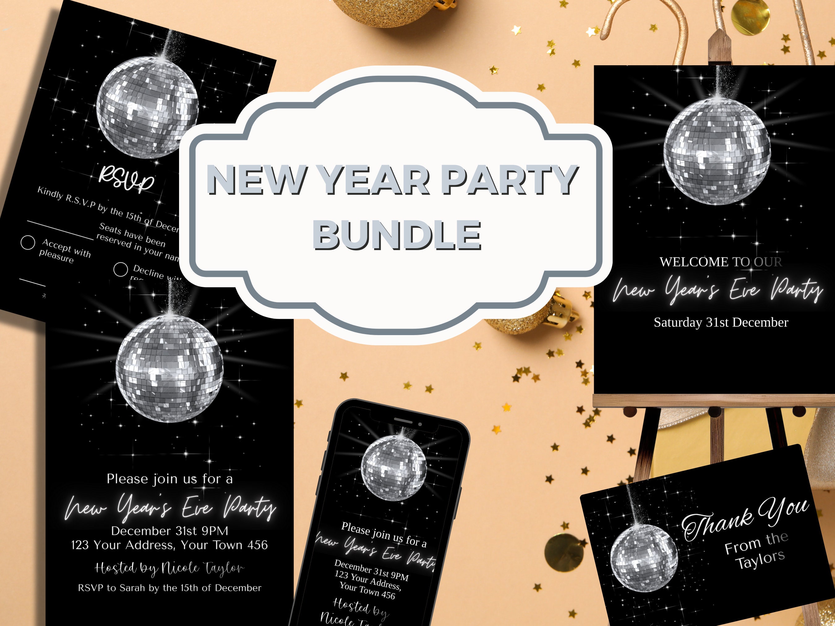 New Years Eve Disco Ball Party Bundle Instant Download, Editable ...