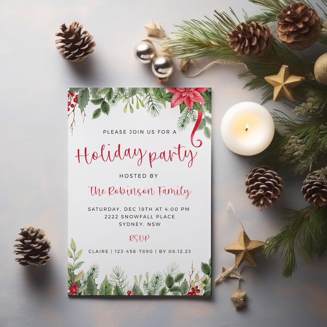 Poinsettia Christmas Party Invitation Editable Template, Elegant Gold ...