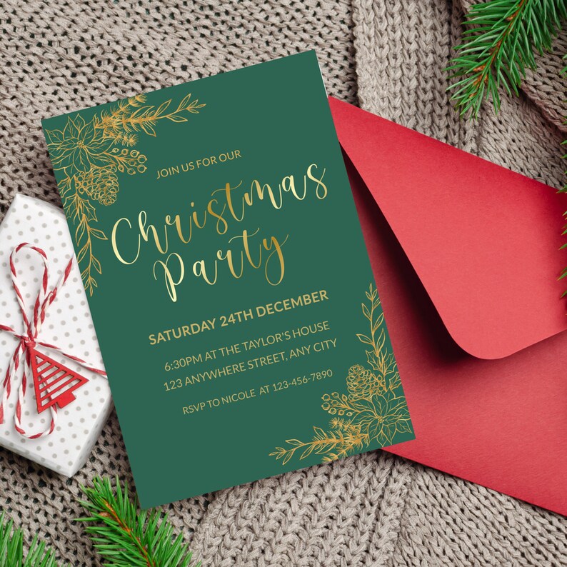 Green Gold Christmas Party Invitation Editable Template, Emerald Green ...
