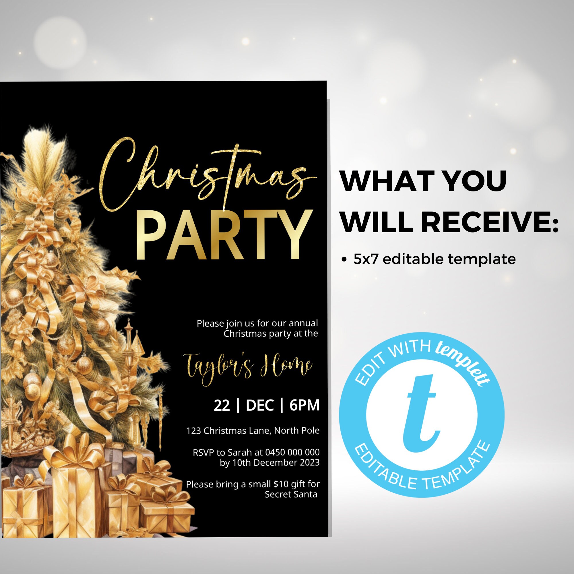 Editable Christmas Party Digital Template, Downloadable Gold Party ...