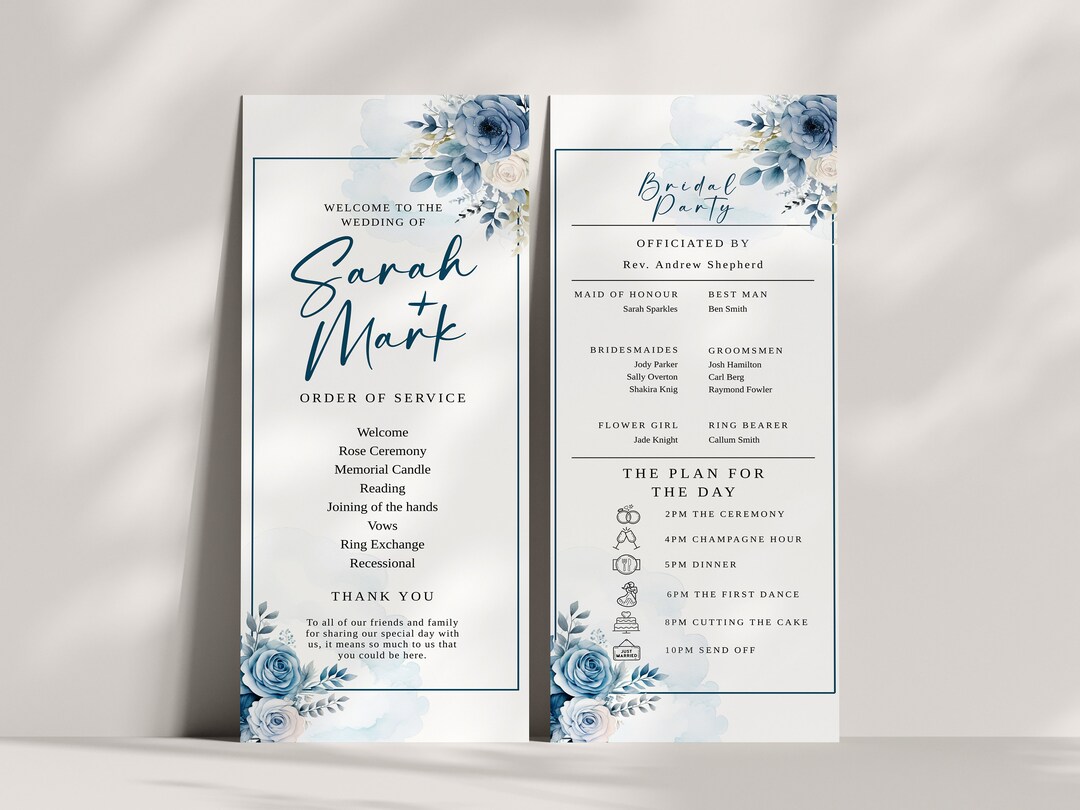 Wedding Program Editable Invitation, Dusty Blue Floral Wedding ...