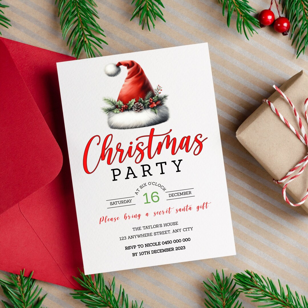 Downloadable Christmas Party Invitation Template,digital Santa Hat ...