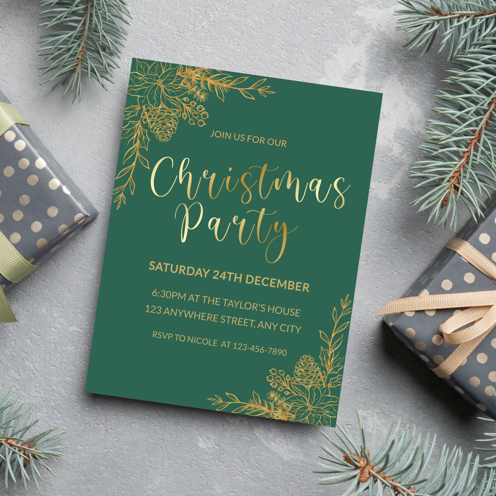 Green Gold Christmas Party Invitation Editable Template, Emerald Green ...