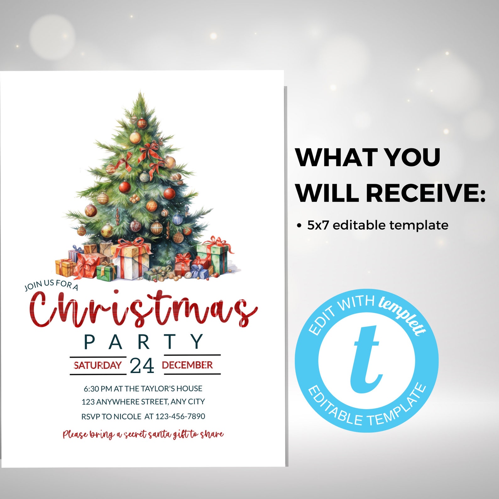 Digital Christmas Party Printable Invitation, Editable Xmas Tree Invite ...