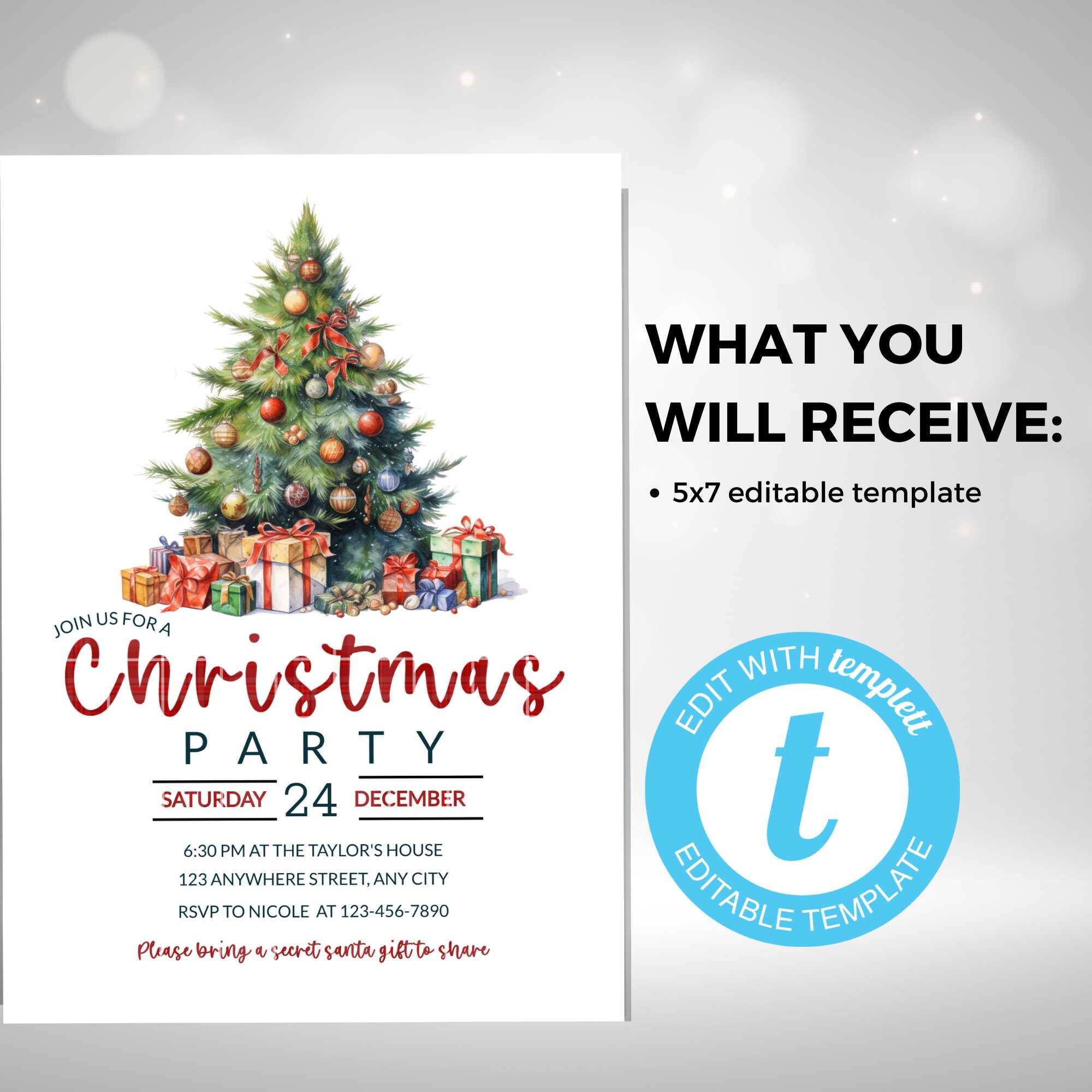 Digital Christmas Party Printable Invitation, Editable Xmas Tree Invite ...