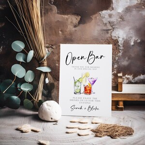 Watercolour Cocktails Open Bar Menu, 8x10 Editable Table Sign, Wedding ...