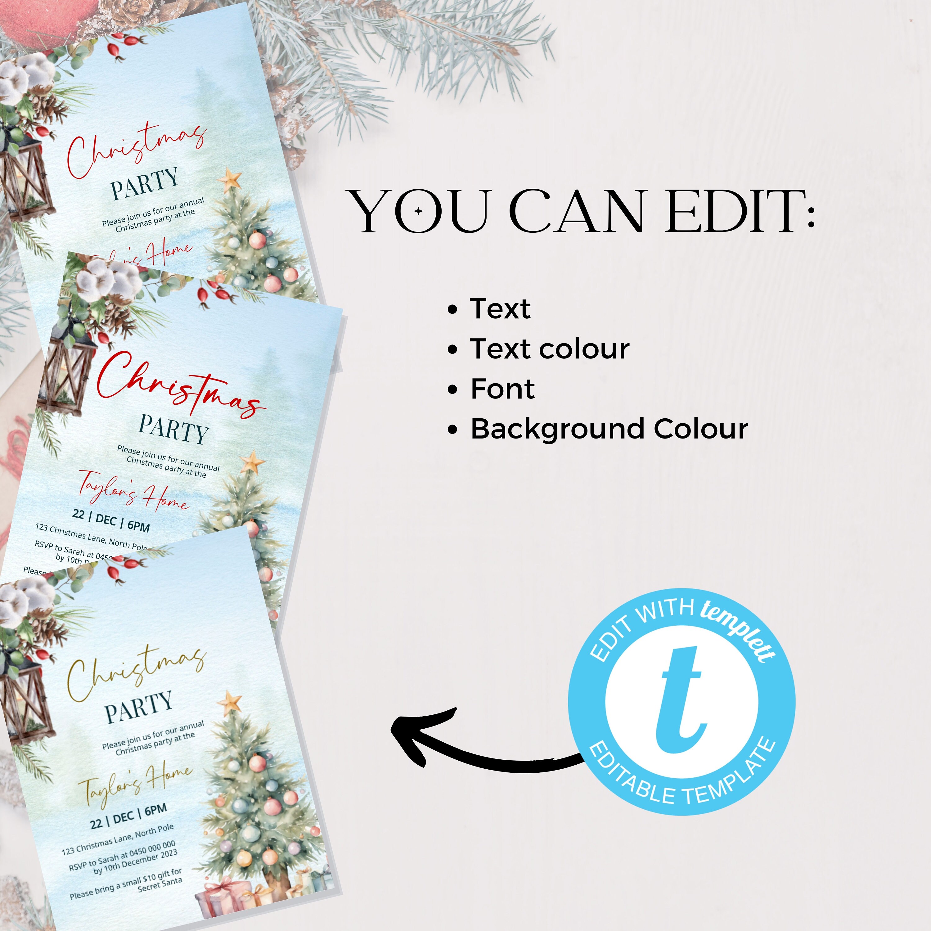 Digital Holiday Party Printable Invitation, Editable Xmas Tree Invite ...