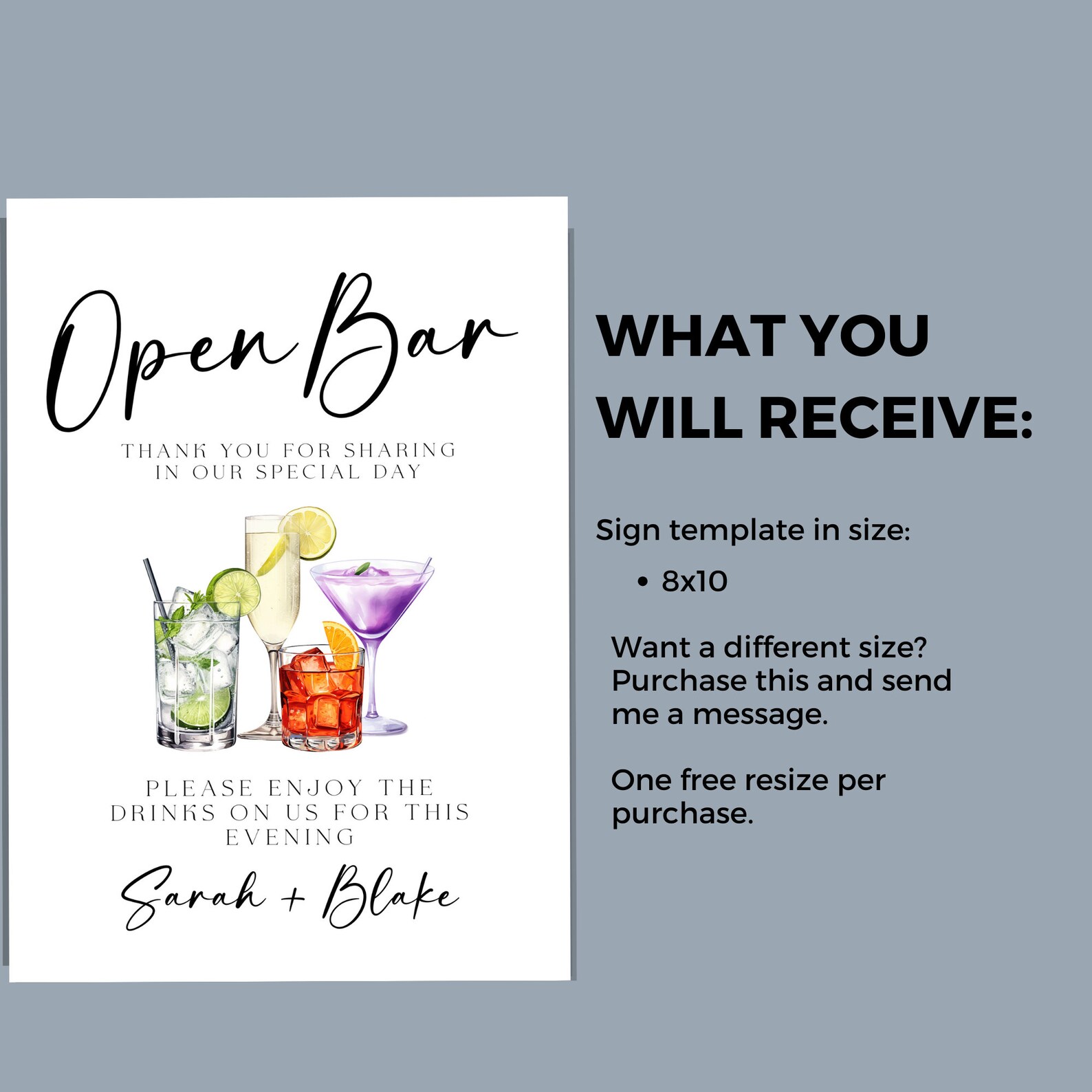 Watercolour Cocktails Open Bar Menu, 8x10 Editable Table Sign, Wedding ...