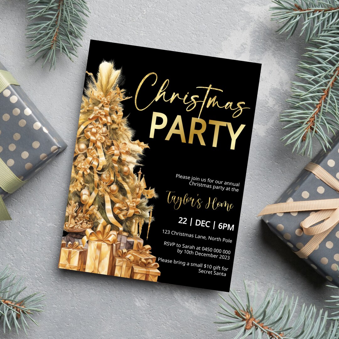 Editable Christmas Party Digital Template, Downloadable Gold Party ...