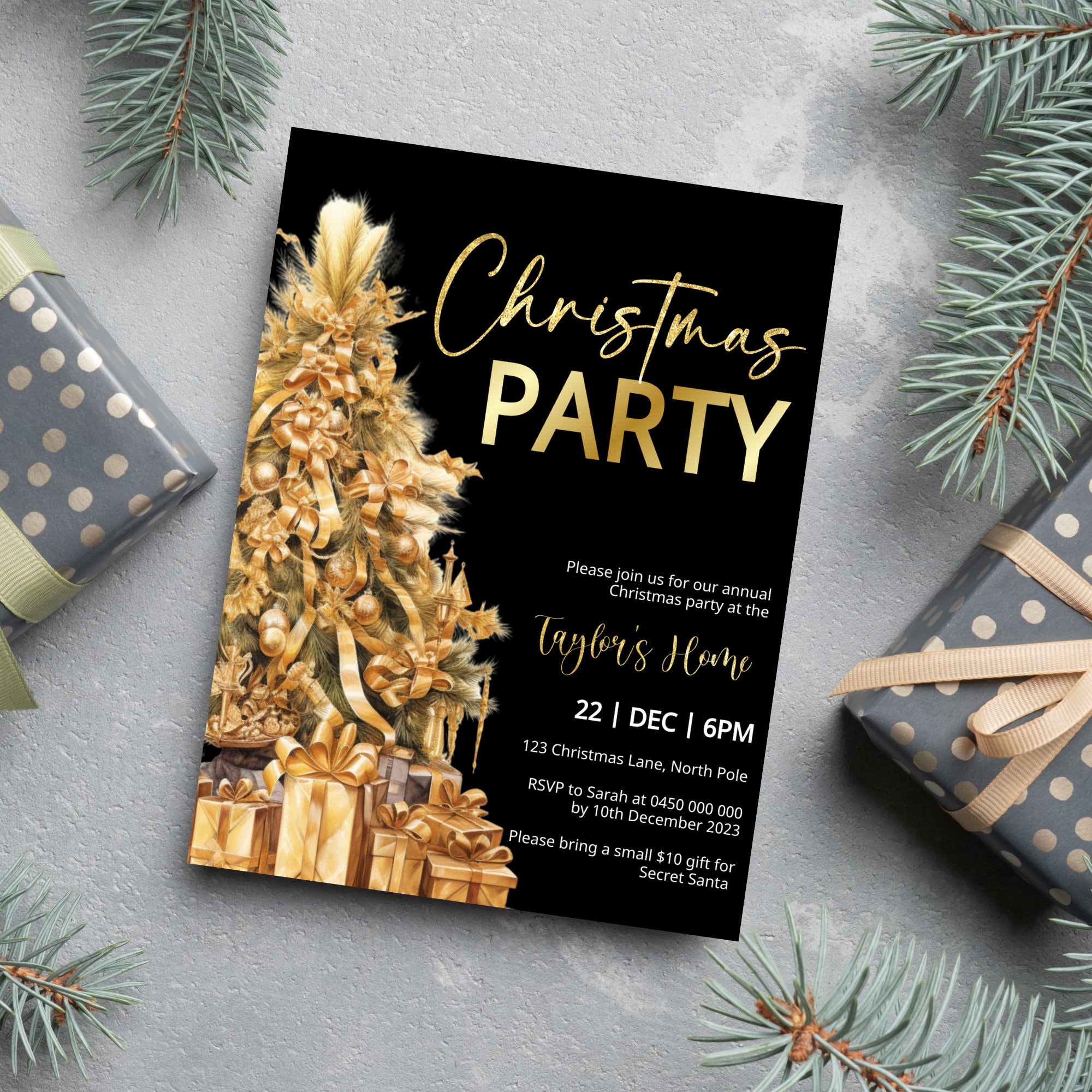 Editable Christmas Party Digital Template, Downloadable Gold Party ...