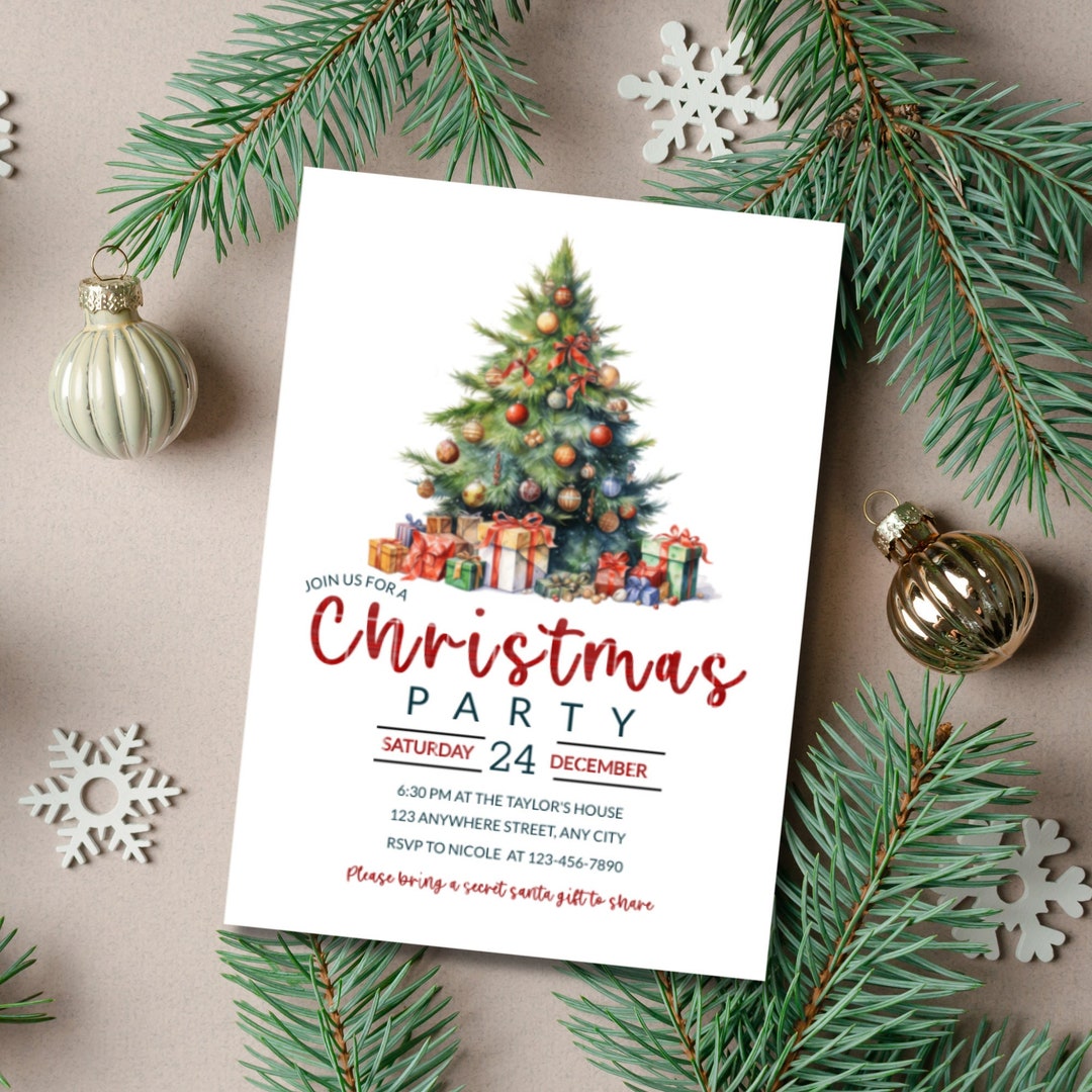 Digital Christmas Party Printable Invitation, Editable Xmas Tree Invite ...
