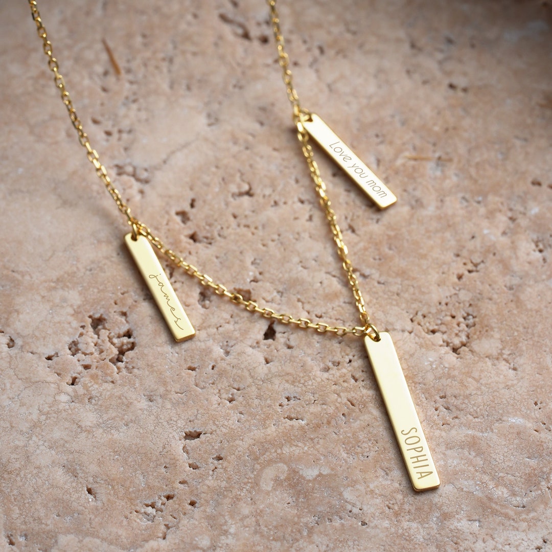 Personalized Gold Triple Bar Necklace: Custom Vertical Bar Jewelry ...