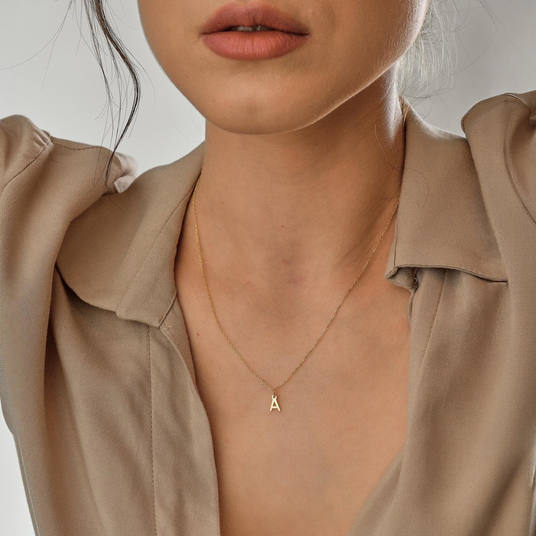 14k Gold Tiny Initial Necklace ∙ Dainty Personalized Letter Choker ∙ ...