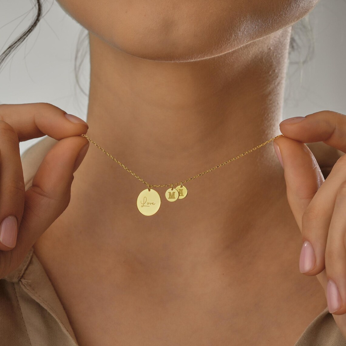 14k Gold Disc Necklace With Initial Tiny Coin Discs • Personalized Disc ...