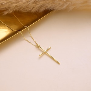 14k Gold Modern Cross Necklace ∙ Dainty Long Cross Necklace ∙ Skinny ...