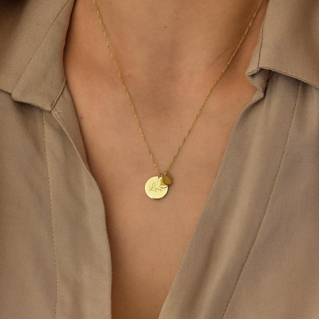 14k Gold Disc Necklace With Initial Tiny Coin Discs • Personalized Disc ...