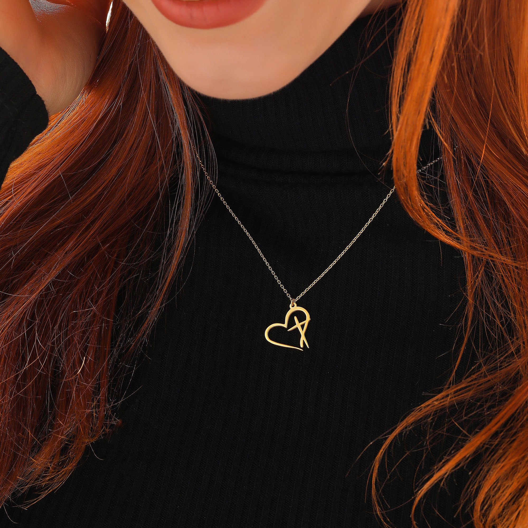 Dainty Heart Outline Necklace With Cross Charm • Love and Faith ...