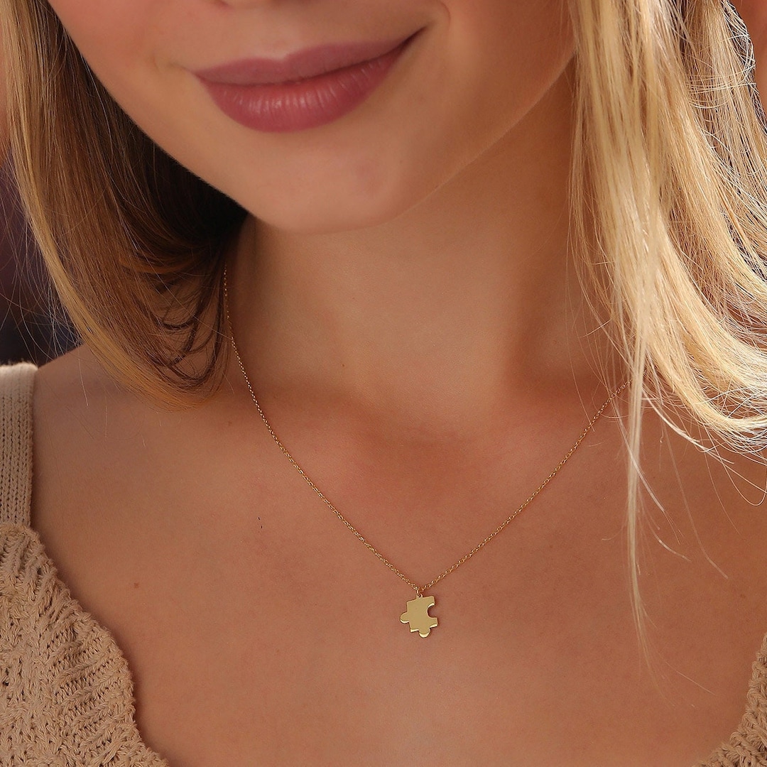 14k Gold Tiny Puzzle Necklace • Dainty Puzzle Piece Necklace • Couple ...