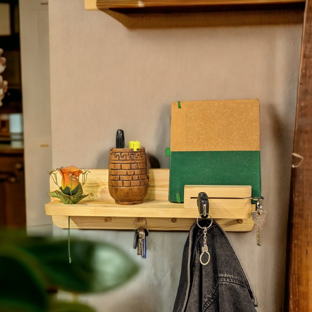 Natural Wood Wall Shelf & Key Holder - Handcrafted Key Organizer With ...