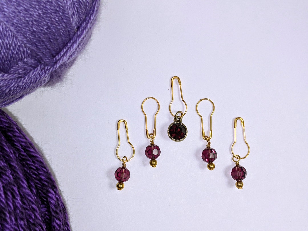 Stitch Markers, Progress Keepers, Purple, Set of 5, Knit and Crochet Notions, Closed and Open ...