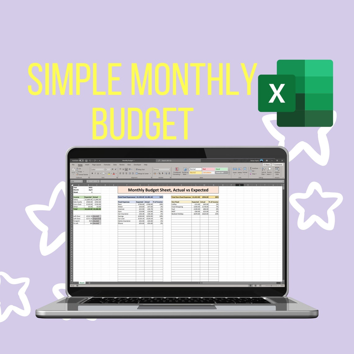 Basic Monthly Budget Spreadsheet Template, Expected Vs Actual Amounts ...