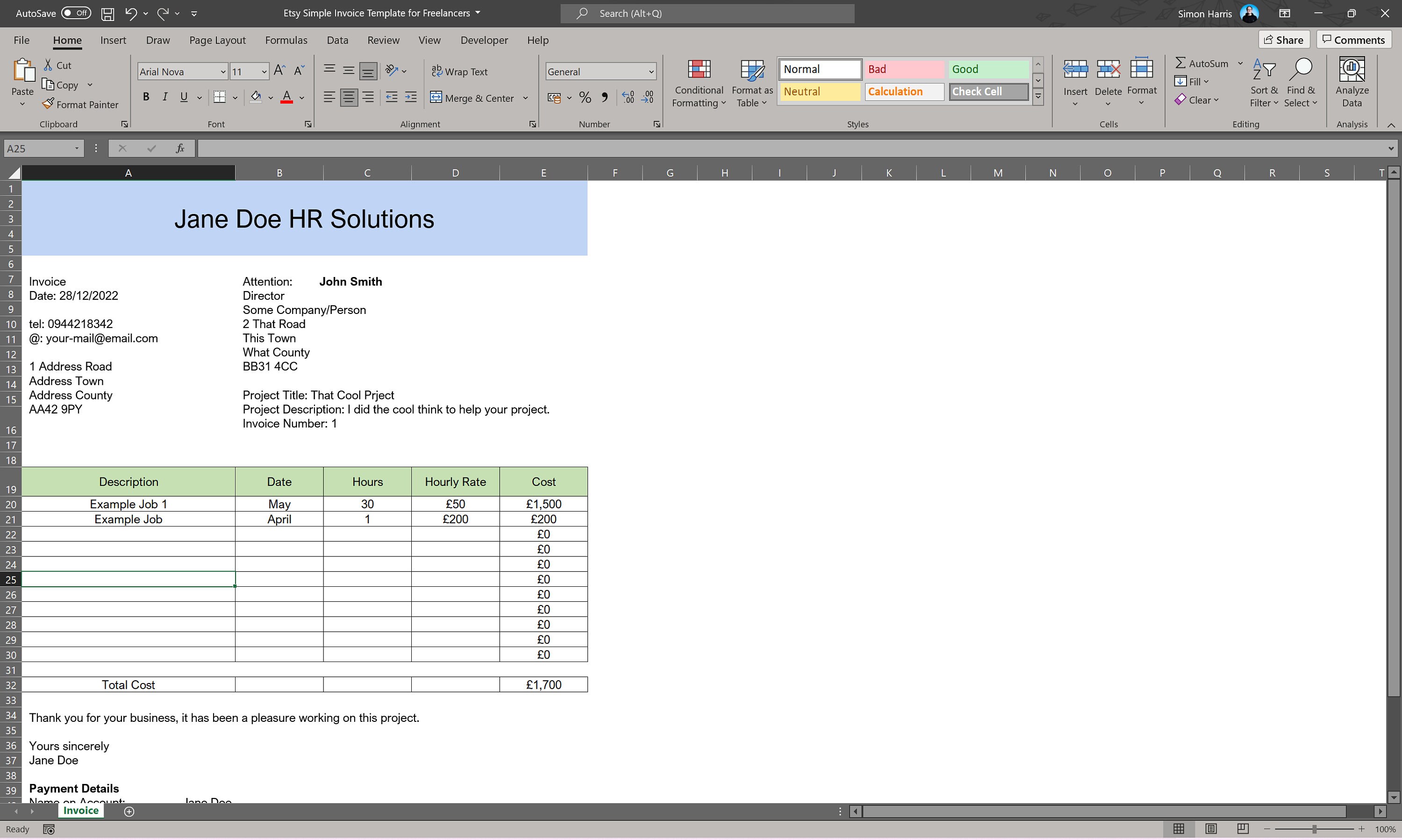 Simple Invoice Template for Freelancers, Designed on Excel. Cheap ...