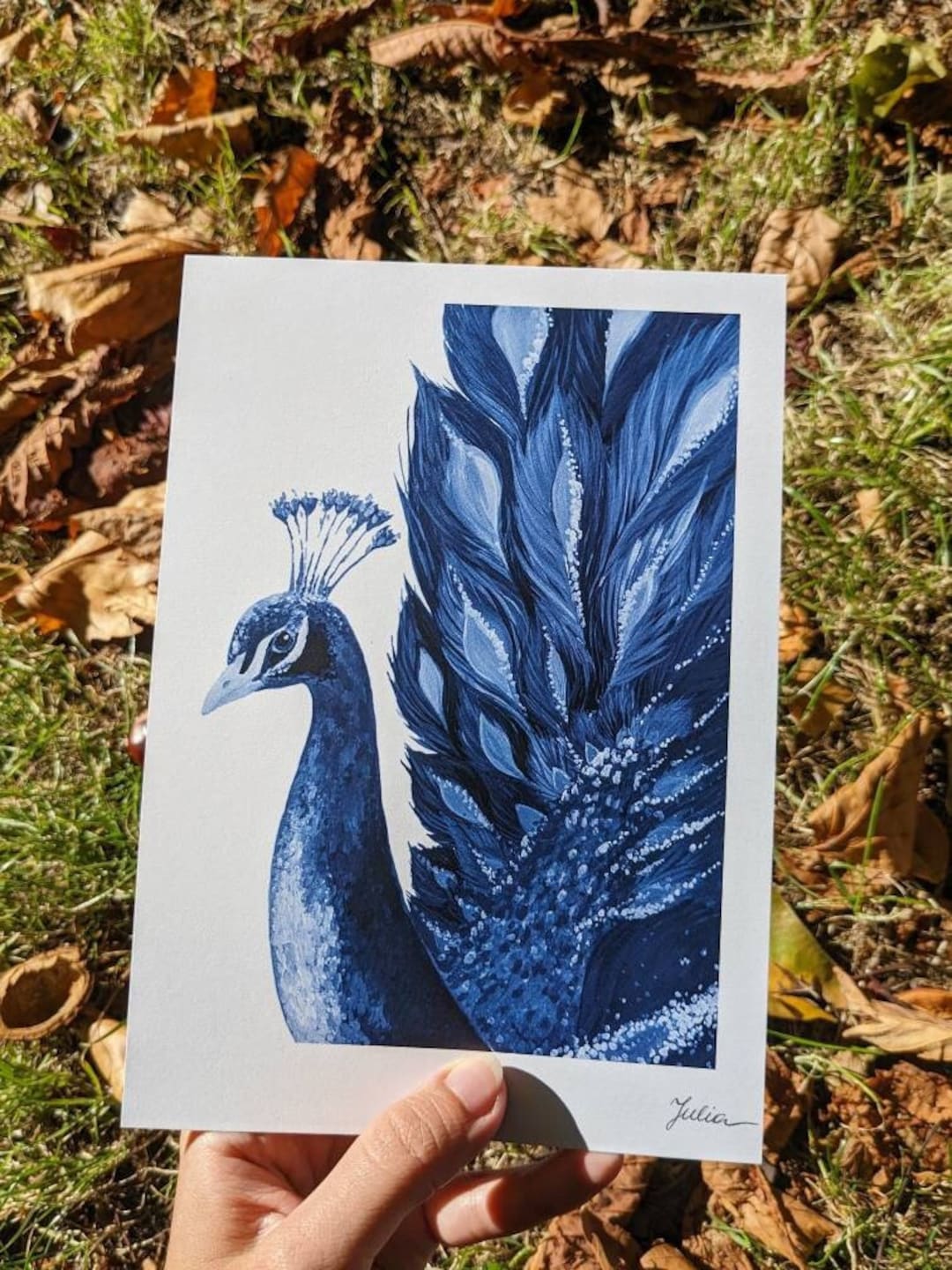 Navy Peacock Art Print, Colourful Bird, Artwork, Home Décor ...