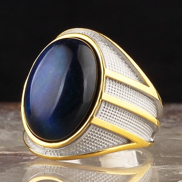 Blue Tigers Eye Ring Men - Etsy