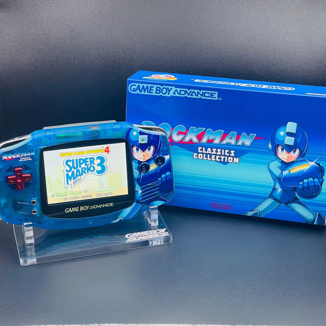 MEGA MAN Blue Modded Gameboy Advance Console W/ IPS V2 Backlit Screen ...