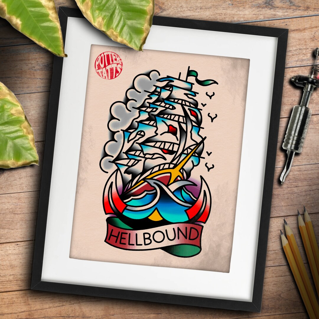 Hellbound Clipper Ship Traditional Tattoo Flash Art Print - Etsy
