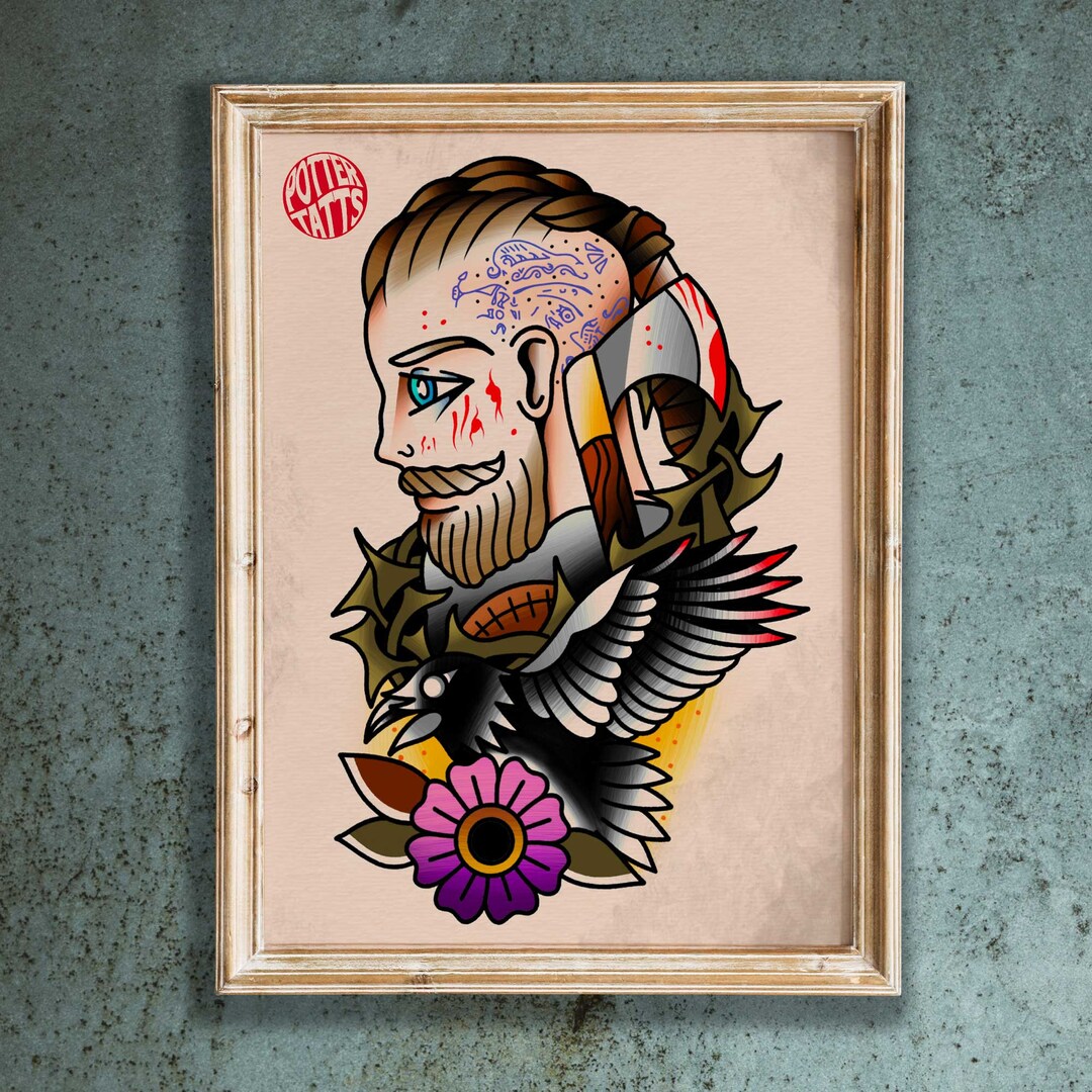Ragnar Lothbrok Poster Old School Vikings Traditional Tattoo Flash Print Etsy