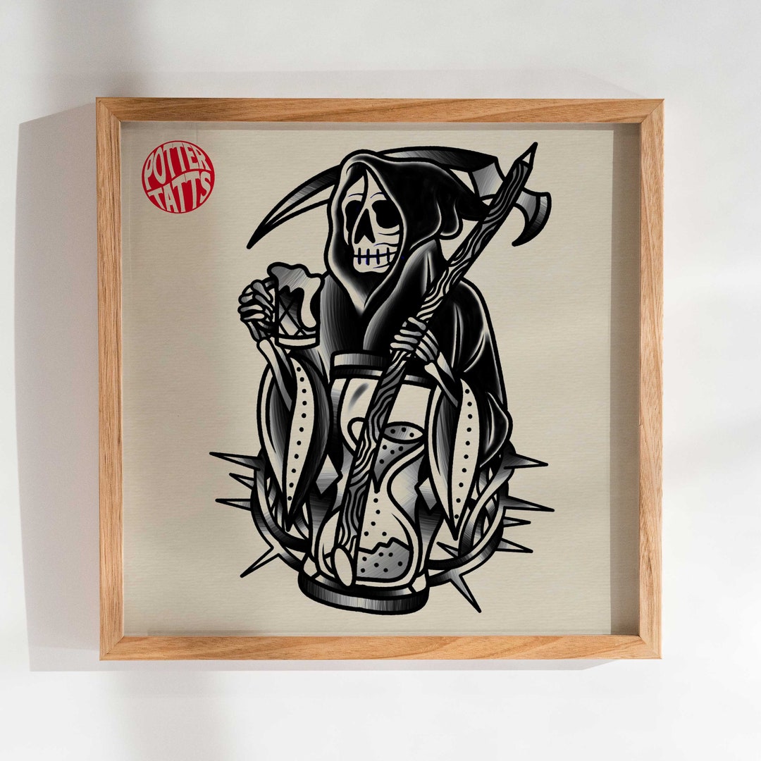 Traditional Grim Reaper With a Beer Old School Traditional Tattoo Flash ...