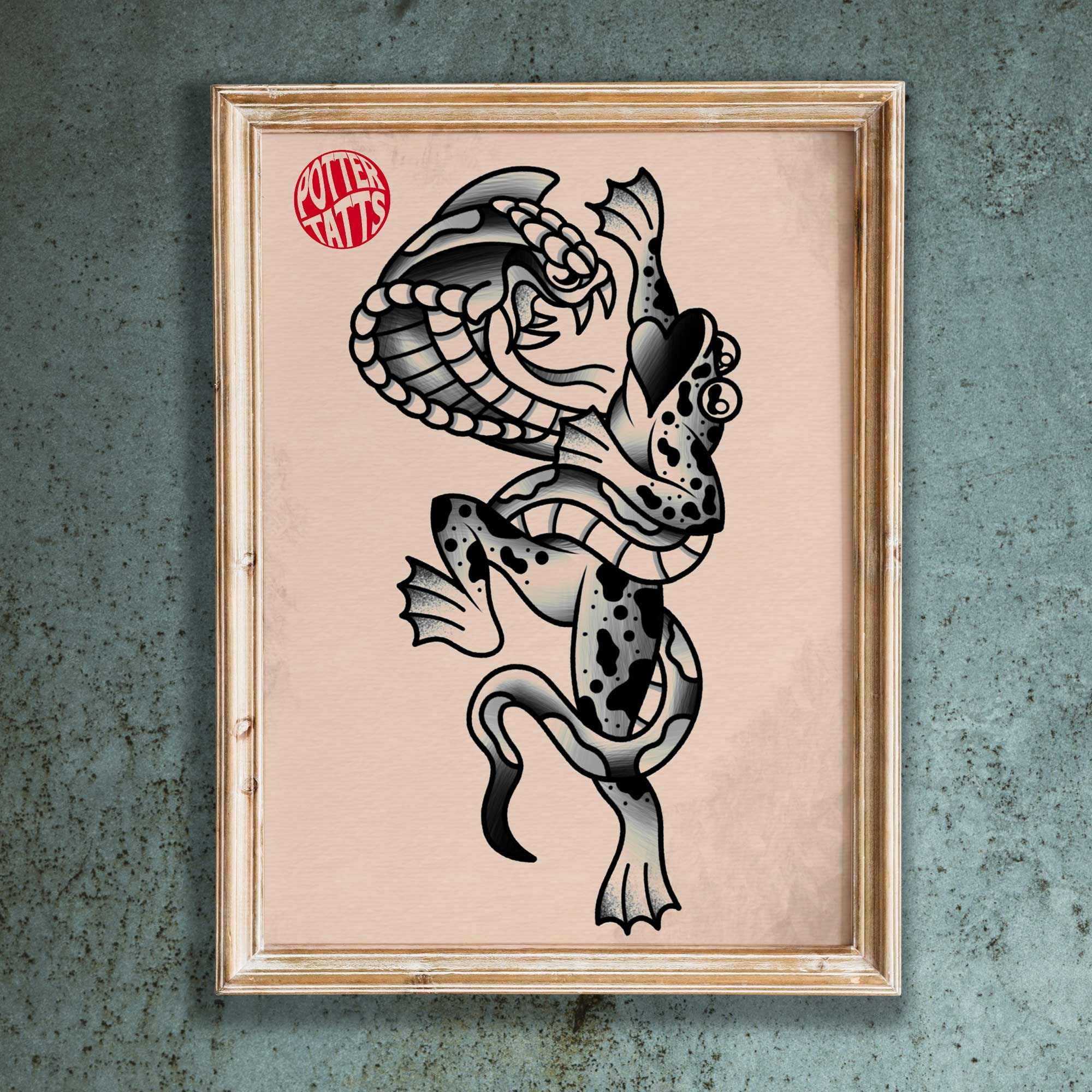Old School Snake Vs Frog Traditional Tattoo Flash Art Print - Etsy
