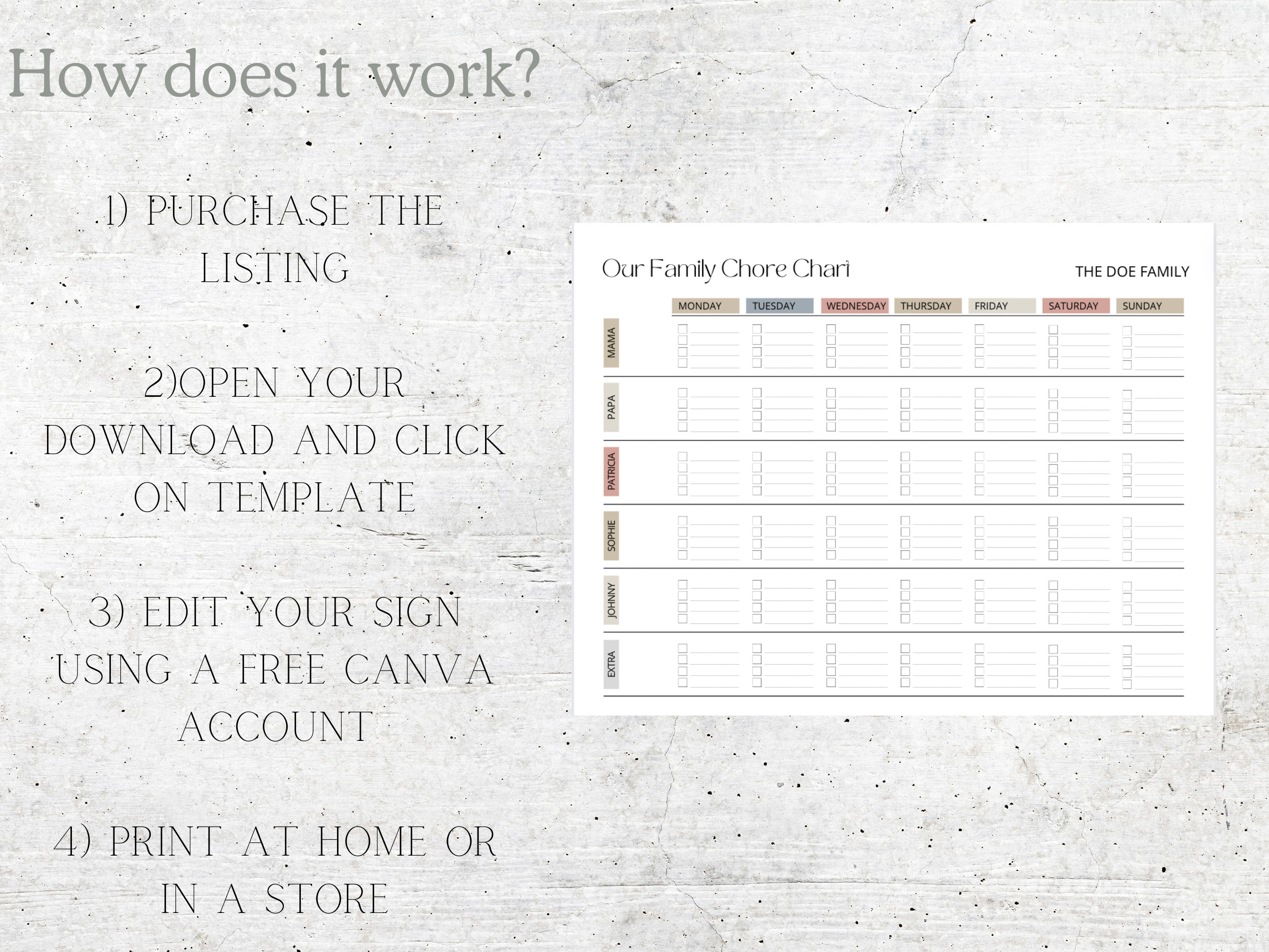 Family Chore Chart, Editable Family Planner, Weekly Family Schedule ...