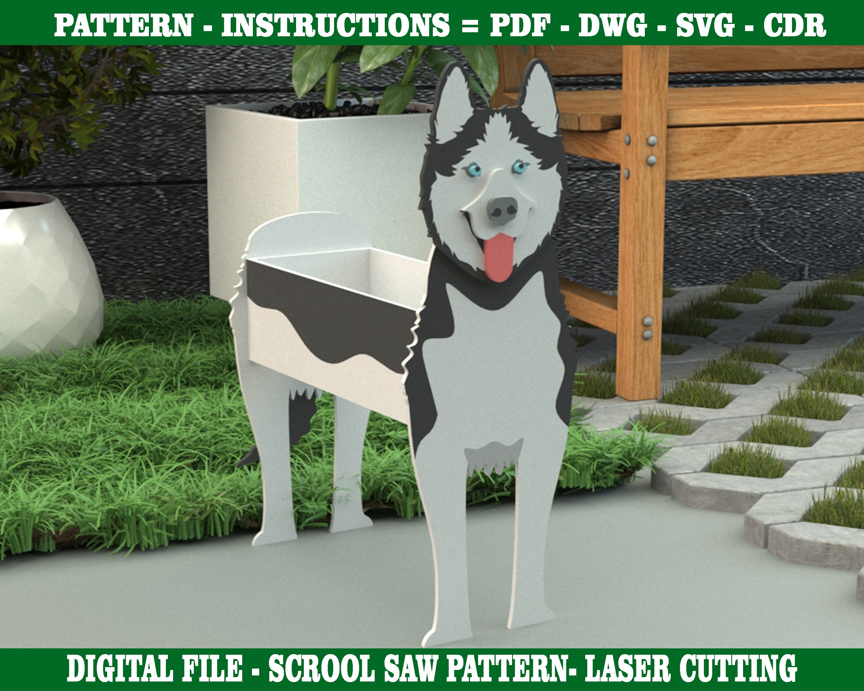 Husky Dog Planter Box -indoor Planter Pot- Scrool Saw Pattern - Laser ...