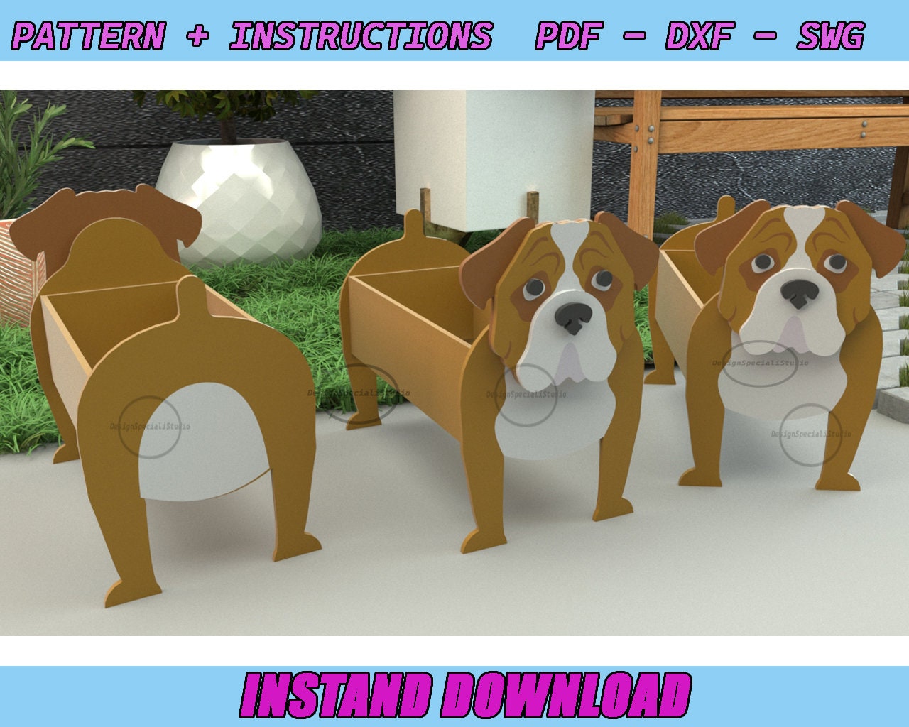 Pattern Wood Garden Plant English Bulldog Plant laser Cutting Planter ...