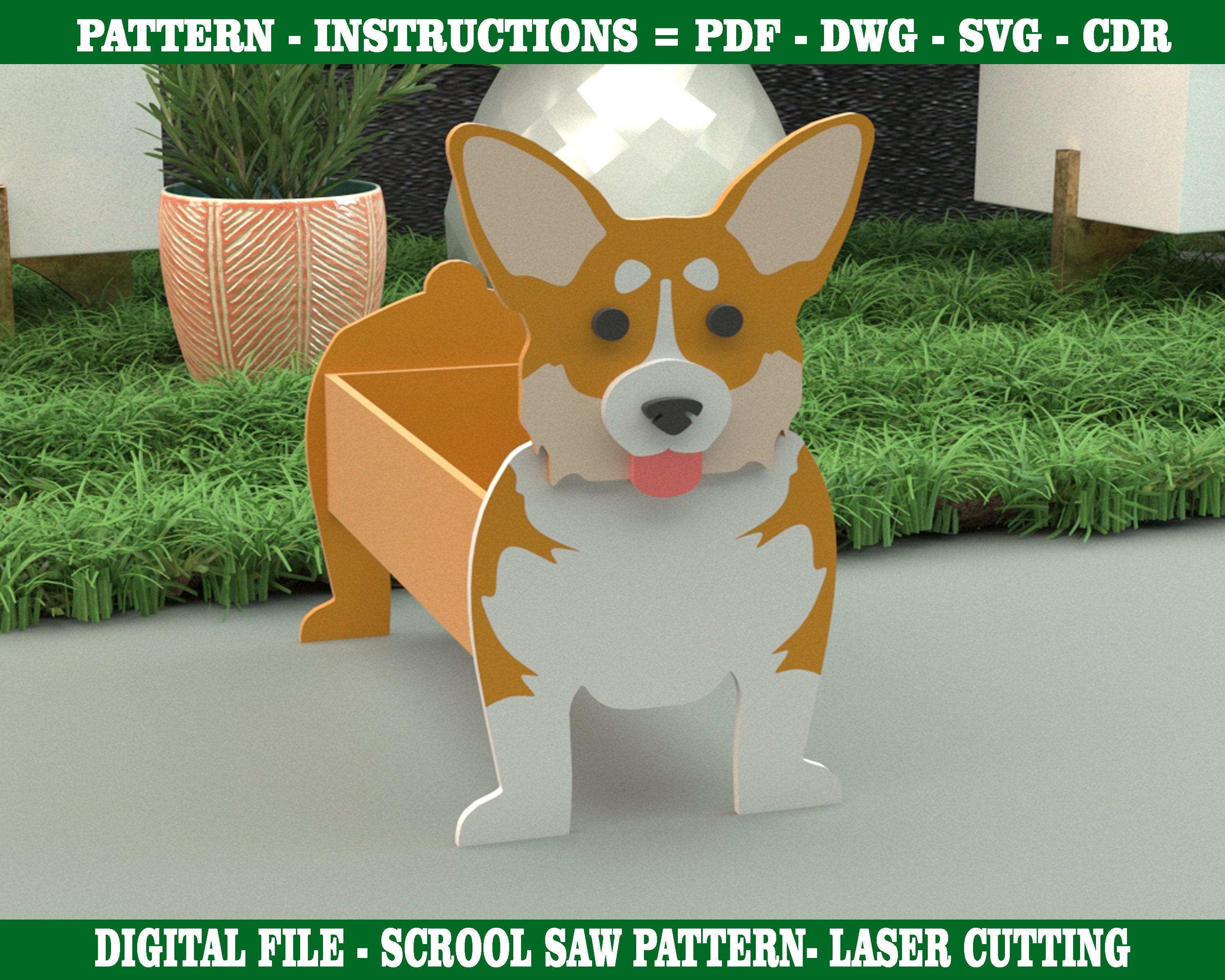 Corgi Dog Planter Pots - Scrool Saw Pattern Indoor Planters - Laser ...