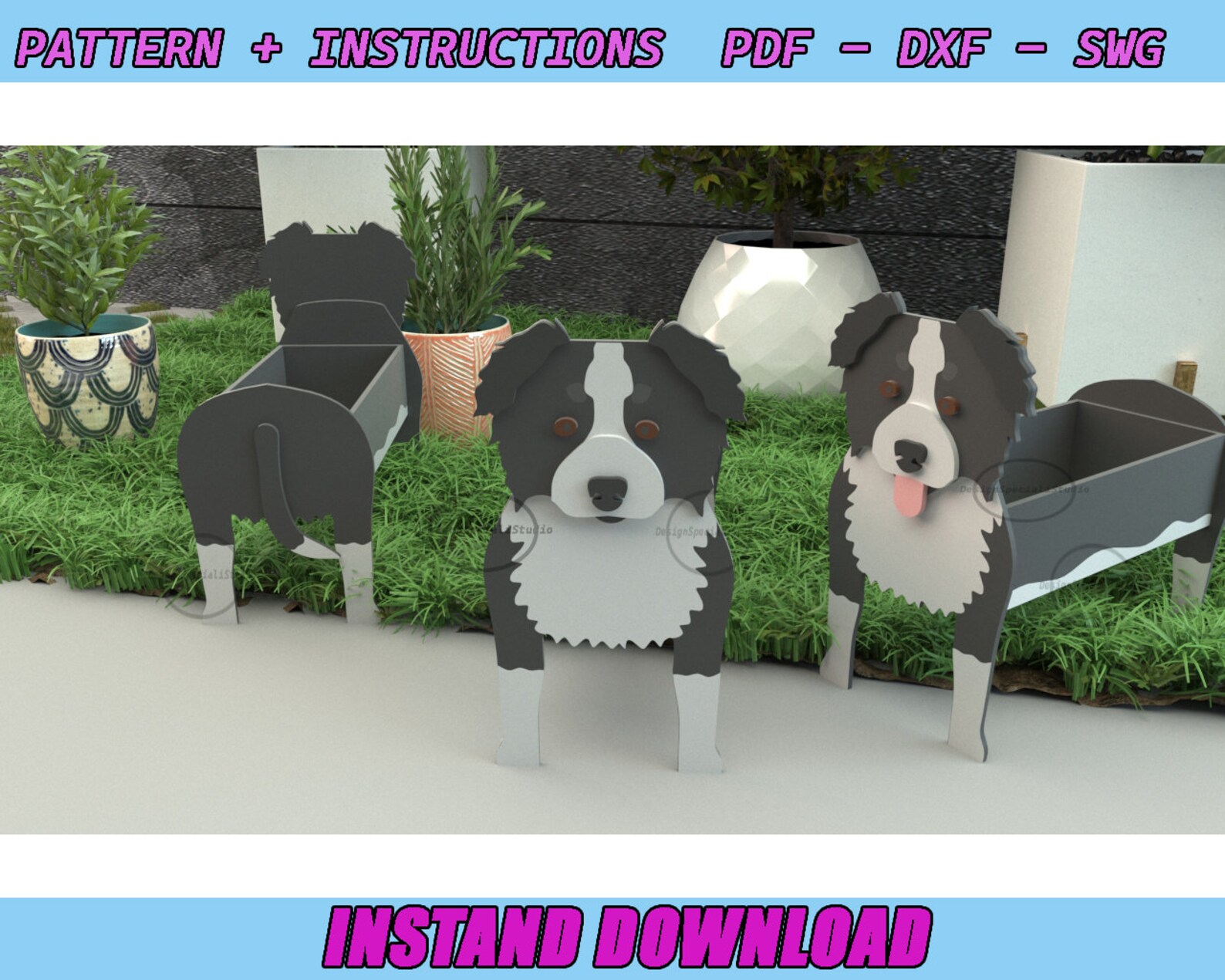 Border Collie Planter - Garden Ornament - Planter Box, Wooden Flower ...