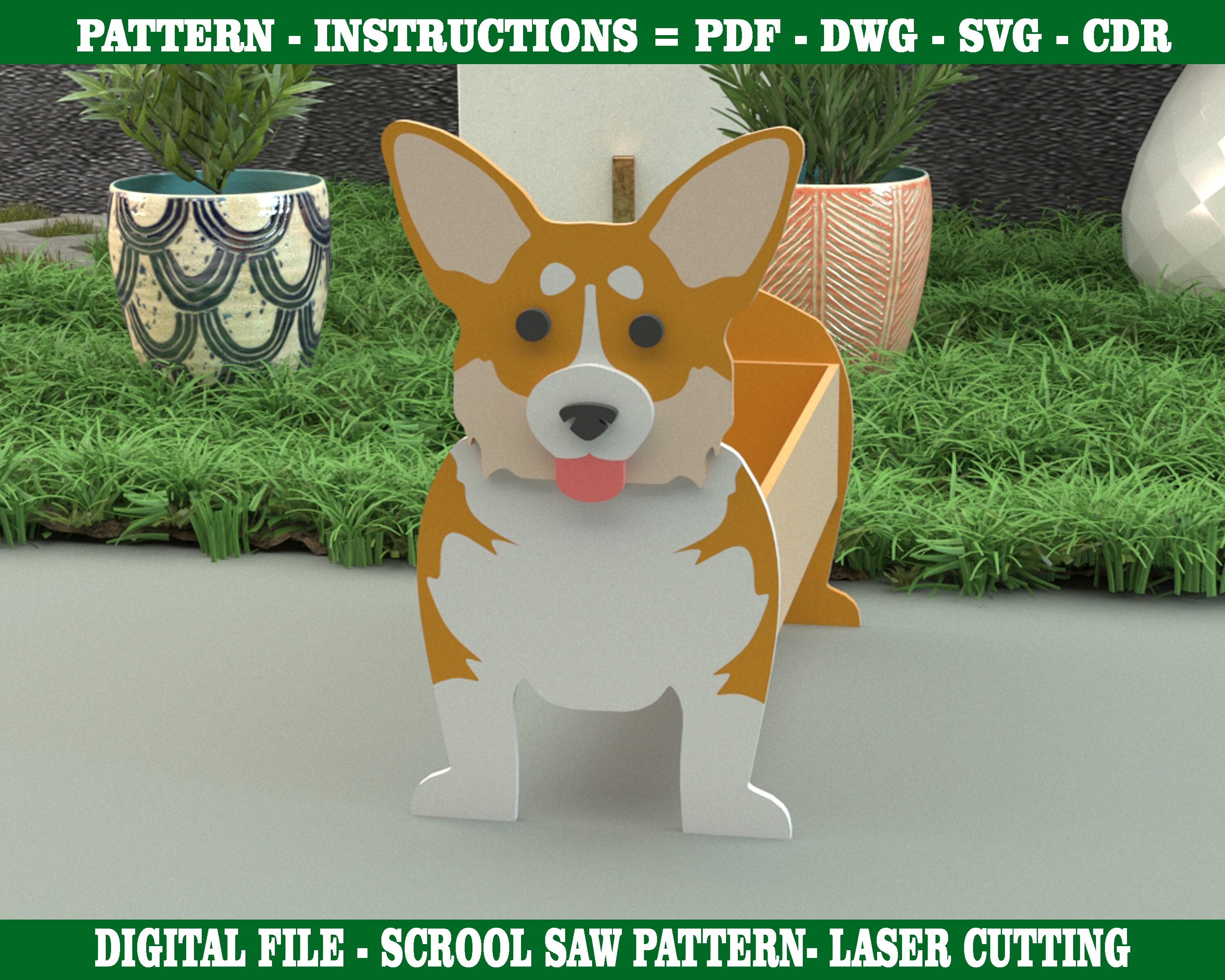 Corgi Dog Planter Pots - Scrool Saw Pattern Indoor Planters - Laser ...