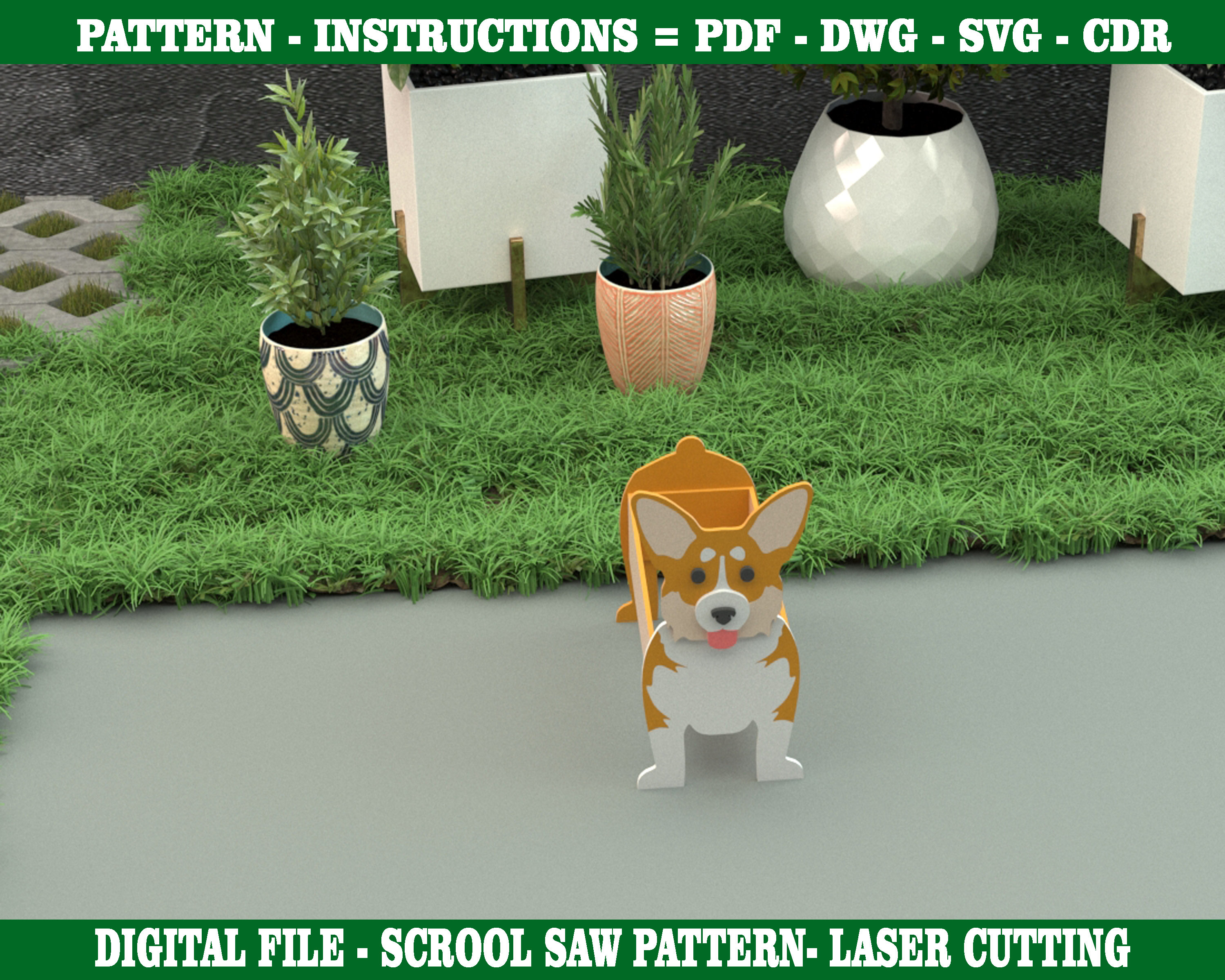 Corgi Dog Planter Pots - Scrool Saw Pattern Indoor Planters - Laser ...